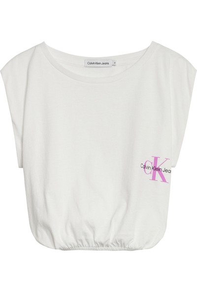 Calvin Klein IG0IG01344-MONOGRAM Off Placed Cap Bisiklet Yaka Lastikli Bol Kesim Düz Beyaz Kız Çocuk T-Shirt