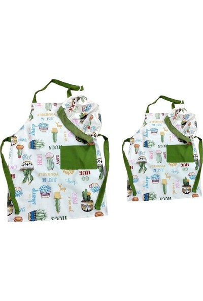 Mandaş Anne-Çocuk Anne-Kız Şapkalı Mutfak Önlüğü, Aşçı Önlüğü (SEÇENEKLİ)-V26 Kaktüs Ekru Yeşil