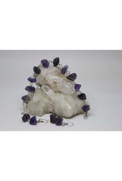 Yaşam Tohumu Ametist Ham Taş Bileklik & Küpe Seti