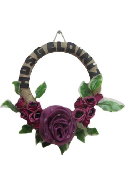 Zirve Bijuteri El Yapımı Çuval Sarma Eflatun Çiçekli Yapraklı Hoşgeldiniz Halka Daire Kapısı Süsü