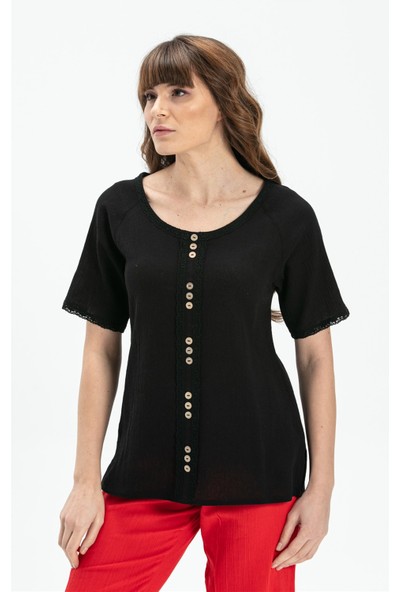 Kısa Kol Şile Bezi Umay Bluz Siyah Syh