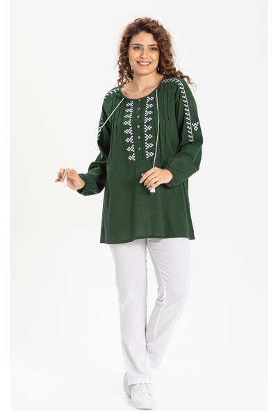 Eliş Şile Bezi Uzun Kol Şile Bezi Yeliz Bluz Yeşil Ysl