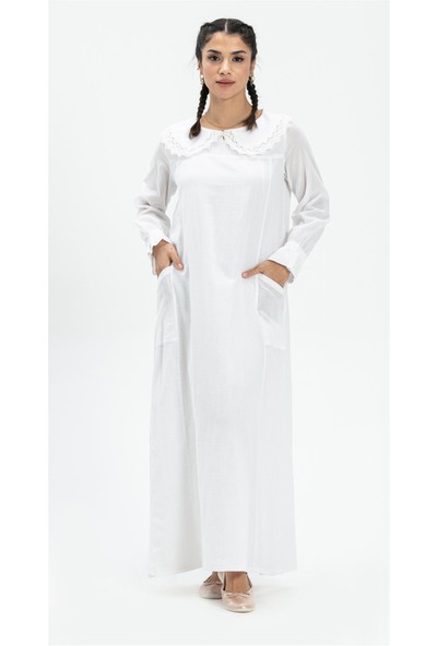 Eliş Şile Bezi Uzun Kol Şile Bezi Zahide Uzun Elbise Beyaz Byz