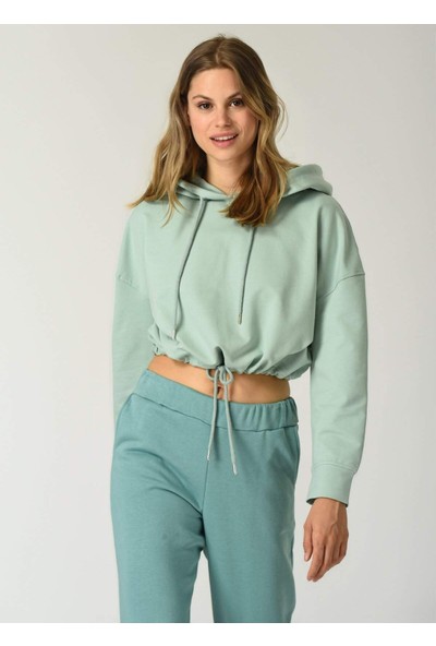 Fabrika Büzgü Detaylı Kapüşonlu Kadın Sweatshirt - Mint Yeşili