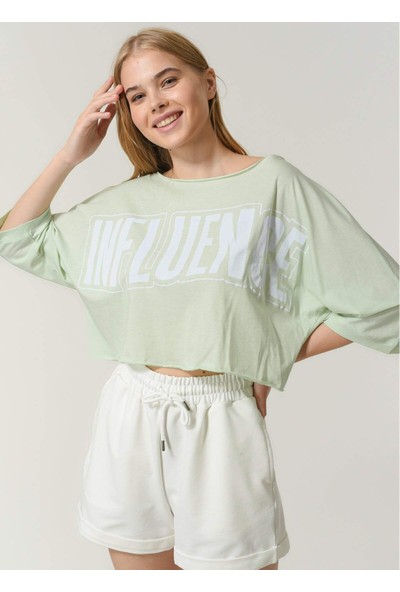 Fabrika Kadın Baskılı Crop T-Shirt - Mint Yeşil