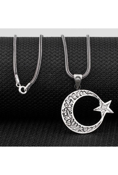 Takı925 Kelimei Tevhid Yazılı Büyük Boy Ay Yıldız Tasarımlı 925 Ayar Gümüş Kolye