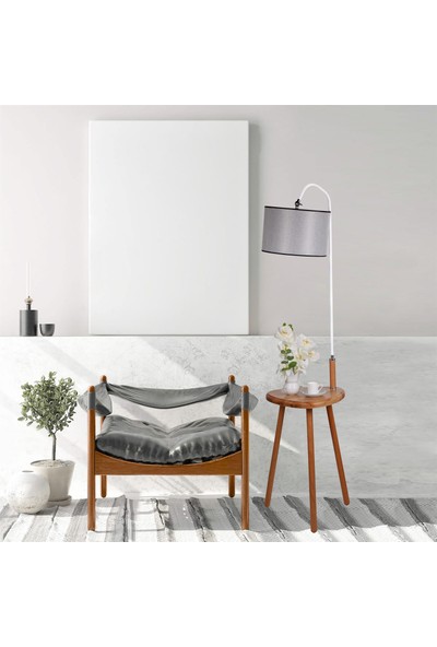 Bemsa Home Demet Sehbalı Ahşap Lambader Naturel Silindir Hasır Gri Abajurlu