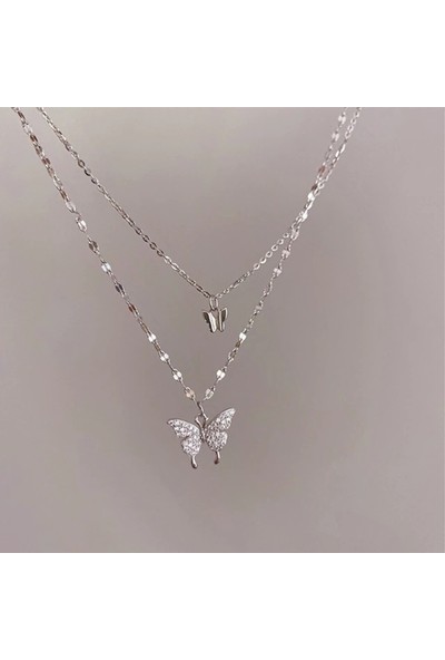 Haziran Taşlı Iki Zincirli Kelebek Figürlü Kolye Gümüş