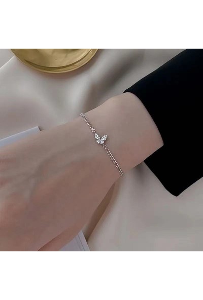 Haziran Çift Zincirli Kelebek Figürlü Bileklik Gümüş