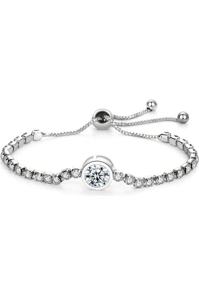 Haziran Zirkon Yuvarlak Taşlı Asansörlü Su Yolu Bileklik Gümüş