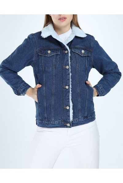 Kadın Mavi Oversize Içi Kürklü Kot Ceket