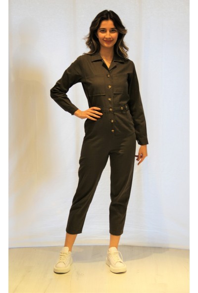 Kadın Haki Önü Düğmeli Jean Tulum