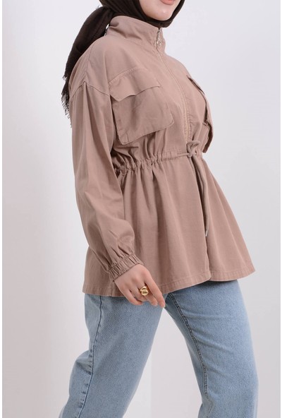 Koçin Butik Belden Bağcıklı Körüklü Çift Cep Gabardin Ceket -Vizon