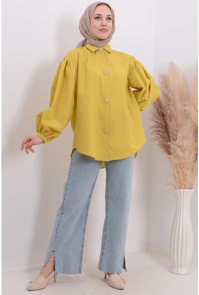 Koçin Butik Önü Taş Detaylı Balon Kol Gömlek -Yağ Yeşili Koçin Butik Önü Taş Detaylı Balon Kol Gömlek -Yağ Yeşili