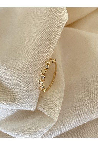 Esa Kuyumculuk Yıldız Detaylı Taşlı Minimal Altın Yüzük