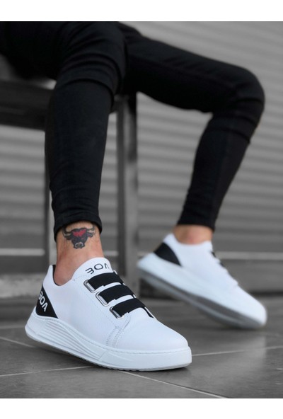 Chie Collection 3 Bantlı Beyaz Siyah Yüksek Taban Erkek Ayakkabısı