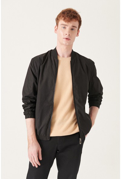 Avva Erkek Siyah Bomber Yaka Cepli Düz Mont E006100