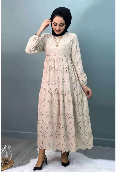 Güpürlü Elbise Boydan Astarlı Pamuk Kumaş Krem 4493