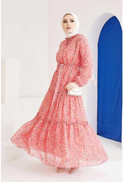 Şifon Bayan Elbise Eteği Fırfır Detaylı Astarlı Pembe 4609