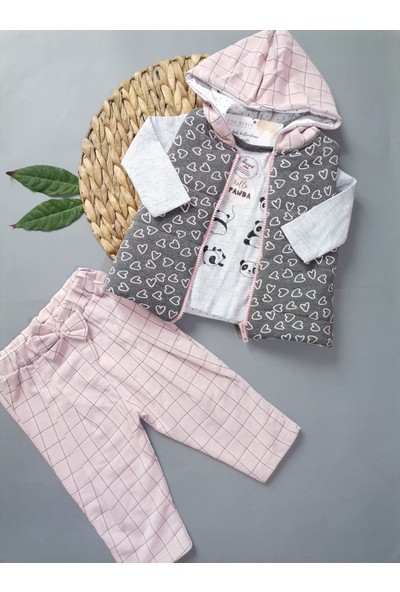 Hippıl Baby Kalp ve Panda Desenli Yelekli 3'lü Takım