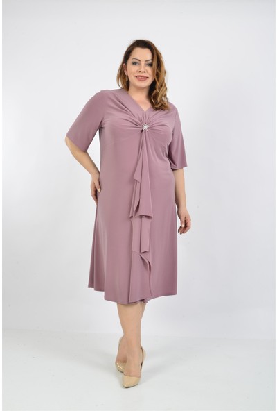 Lilas Xxl Büyük Beden Lavanta Renkli Kısa Kollu Likralı V Yaka Elbise