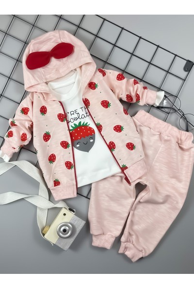 Murat Baby Çilek Baskı Fiyonk Kapşonlu 3'lü Takım