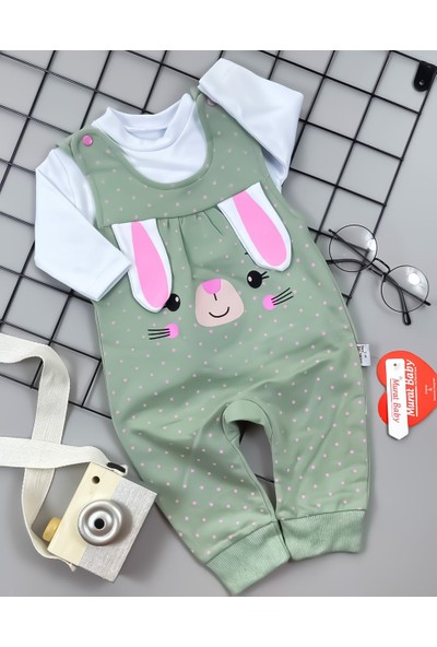 By Murat Puantiyeli Kulak Aksesuarlı Tavşan Baskılı Içi Badili Slopet Tulum