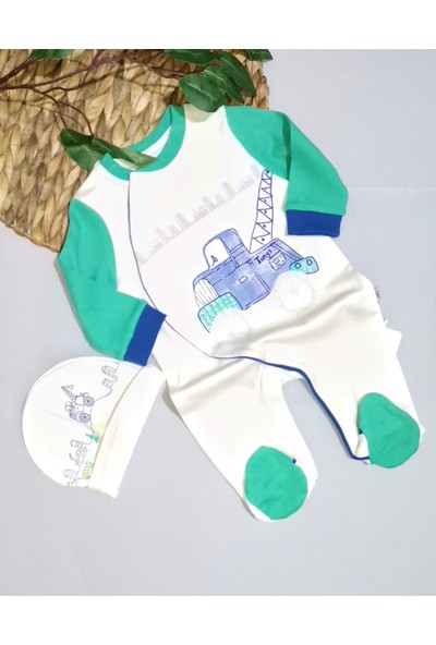 Tongs Vinç Baskılı Erkek Bebek Şapka + Tulum Takımı
