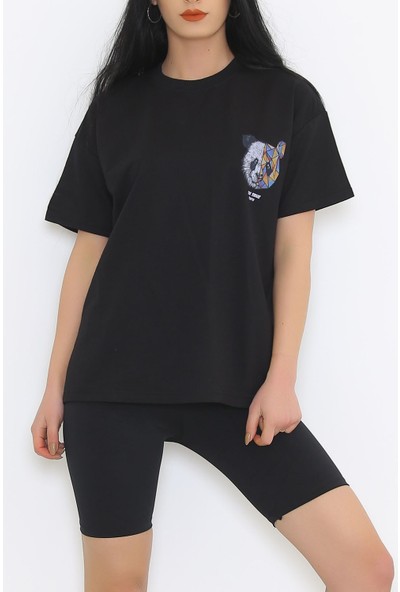 Bernam Butik Bol Kalıp Pandalı Tişört Siyah
