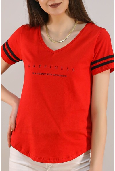 Bernam Butik Yazılı V Yaka Tişört Kırmızı Bernam Butik Yazılı V Yaka Tişört Kırmızı