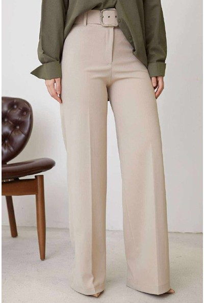 Kadın Pantolon Kemerli Bol Paça Tesettür Krem 4561