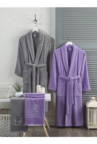 B2B Home Collection Nakışlı Pamuklu 4 Parça Aile Bornoz Seti Antrasit Lavanta B2B-BRNZ-01