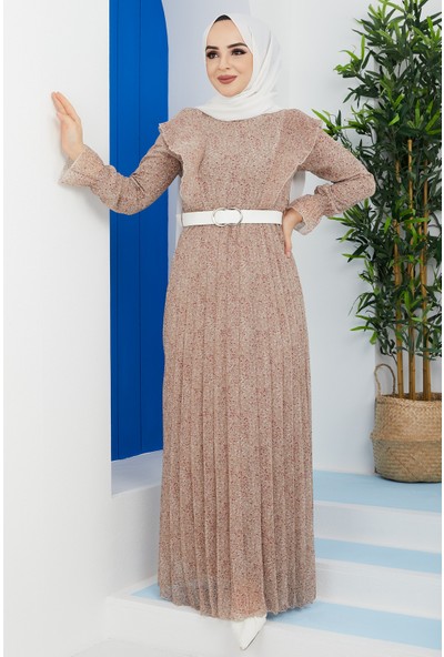 İmaj Butik Pelerin Detaylı Piliseli Tesettür Elbise/vizon İmaj Butik Pelerin Detaylı Piliseli Tesettür Elbise/vizon