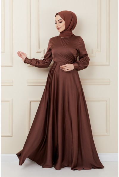 İmaj Butik Mevlana Model Saten Tesettür Abiye/kahverengi