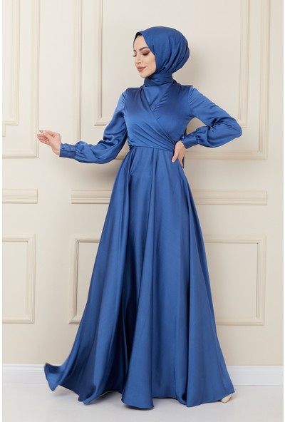 İmaj Butik Mevlana Model Saten Tesettür Abiye/indigo
