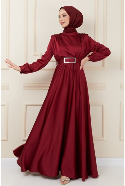 İmaj Butik Omuz Vatkalı Mevlana Saten Tesettür Abiye/bordo