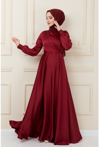 İmaj Butik Mevlana Model Saten Tesettür Abiye/bordo