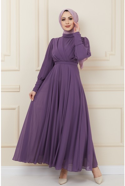 İmaj Butik Kuşaklı Kolu Düğmeli Şifon Tesettür Abiye/mürdüm