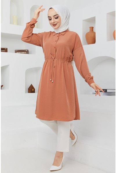 İmaj Butik Gömlek Yaka Beli Lastikli Tesettür Tunik/somon