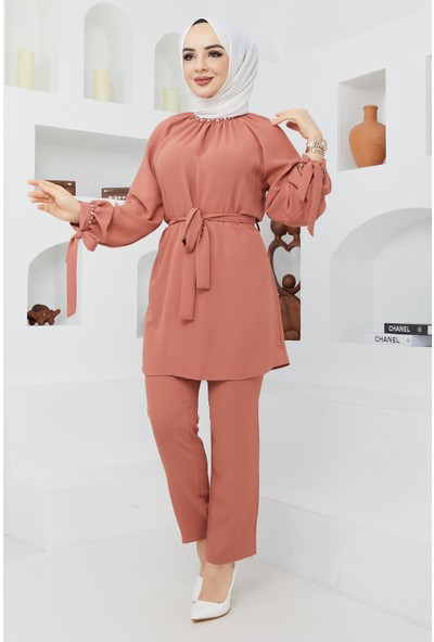 İmaj Butik Yaka Inci Detaylı Tesettür Takım/soğan Kabuğu