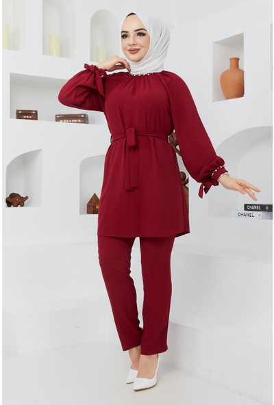 İmaj Butik Yaka Inci Detaylı Tesettür Takım/bordo