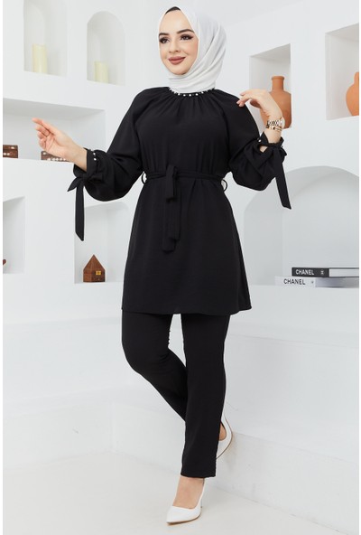İmaj Butik Yaka Inci Detaylı Tesettür Takım/siyah