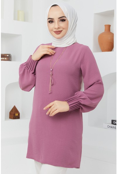 İmaj Butik Büyük Beden Kolyeli Kolu Lastikli Tesettür Tunik/gül Kurusu