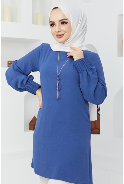 İmaj Butik Büyük Beden Kolyeli Kolu Lastikli Tesettür Tunik/indigo