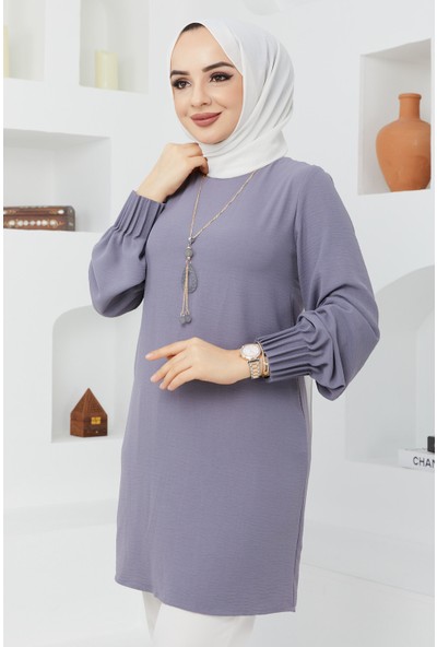 İmaj Butik Büyük Beden Kolyeli Kolu Lastikli Tesettür Tunik/gri