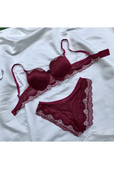 Azize Butik Bordo Krem Dantel Işlemeli Destekli Sütyen Takım