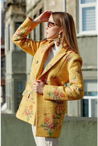 Yün Çiçek Desen Sarı Haute Couture Ceket Yün Çiçek Desen Sarı Haute Couture Ceket