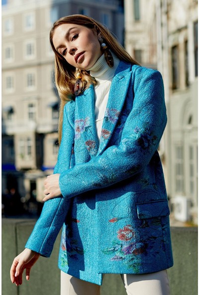Yün Çiçek Desen Mavi Haute Couture Ceket Yün Çiçek Desen Mavi Haute Couture Ceket