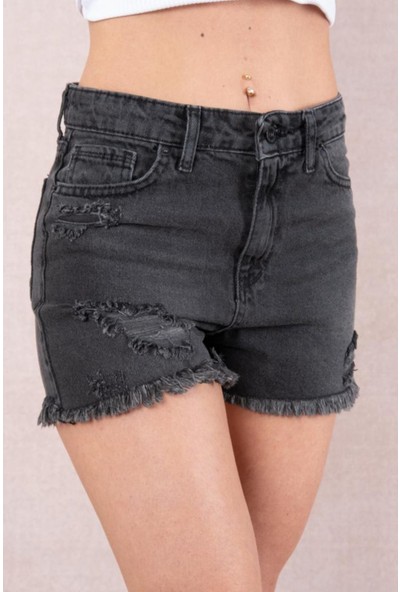 Gaydalı Giyim Kadın Füme Boyfriend Yırtık Lazerli Denim Saçaklı Kot Jeans Şort