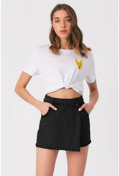 Gaydalı Giyim Kadın Siyah Denim Kot Şort Asimetrik Kapamalı Fermuarlı Jeans Şort Etek